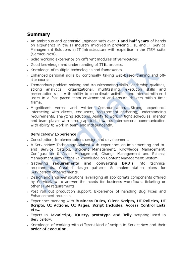 ServiceNow Sample Resume 2 | PDF | Ubs | Credit Suisse