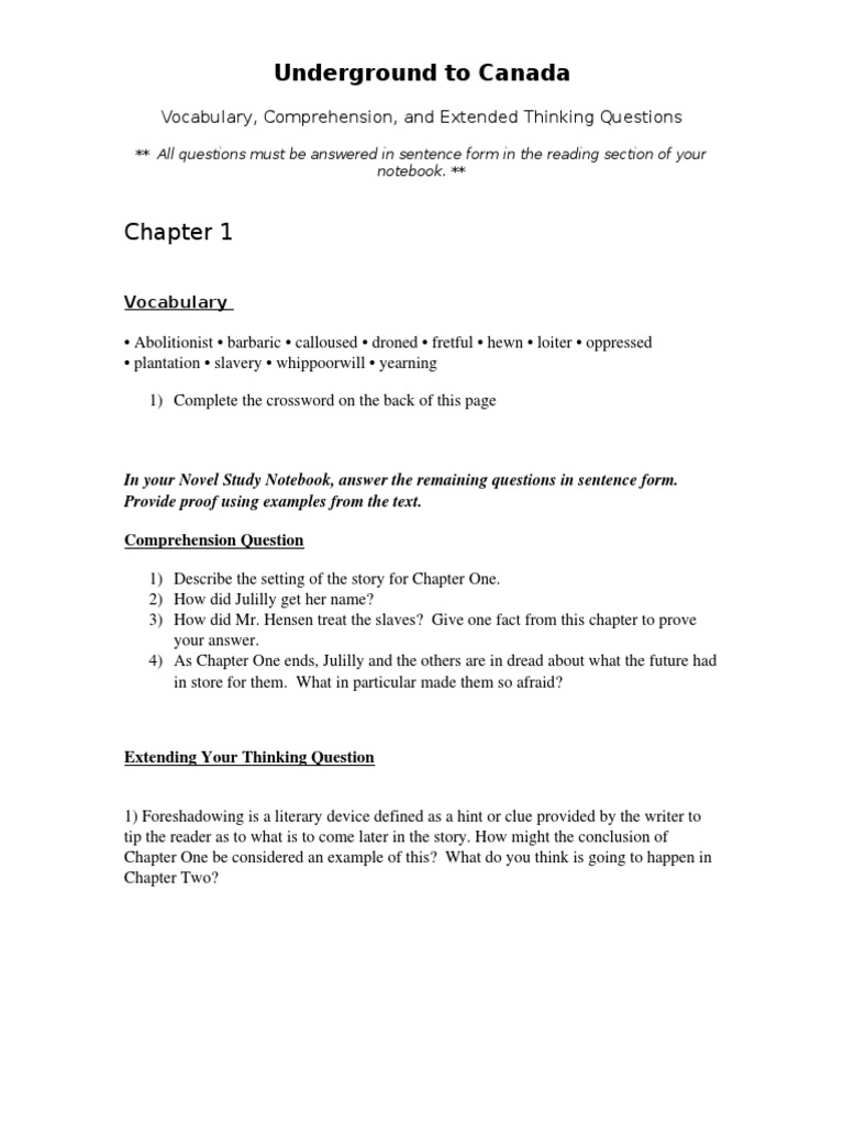 Underground To Canada Questions | PDF | Reading Comprehension | Slavery