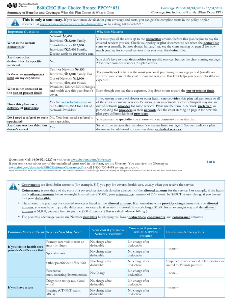 B601CHC Blue Choice Bronze PPO 031: This Is Only A Summary | PDF ...