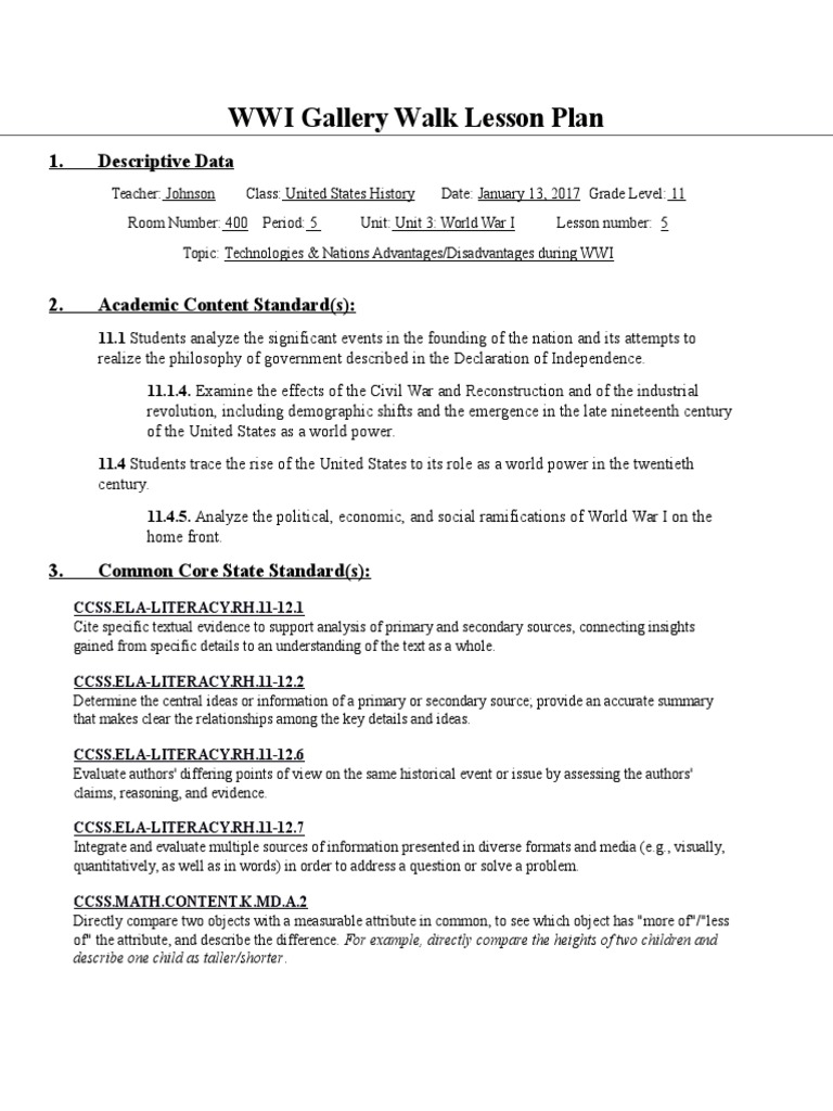 WWI Gallery Walk Lesson Plan | PDF | Educational Assessment | Teaching