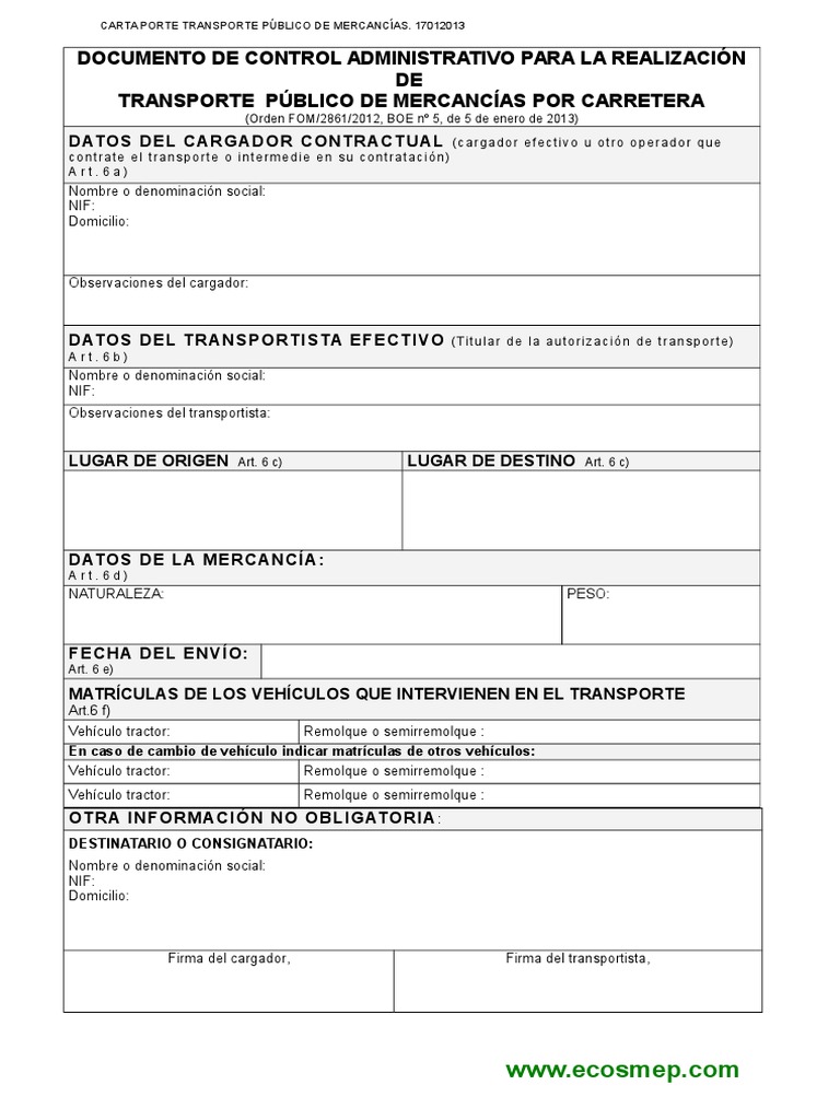 Documento Control Transporte Publico Mercancías