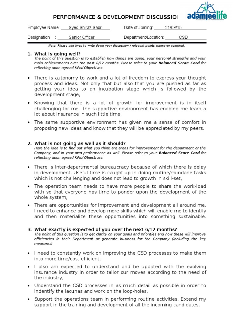 Performance & Development Discussion: 1. What Is Going Well? | PDF ...