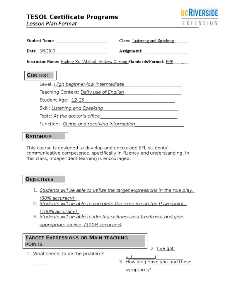 TESOL Certificate Programs: Lesson Plan Format | PDF | English As A ...