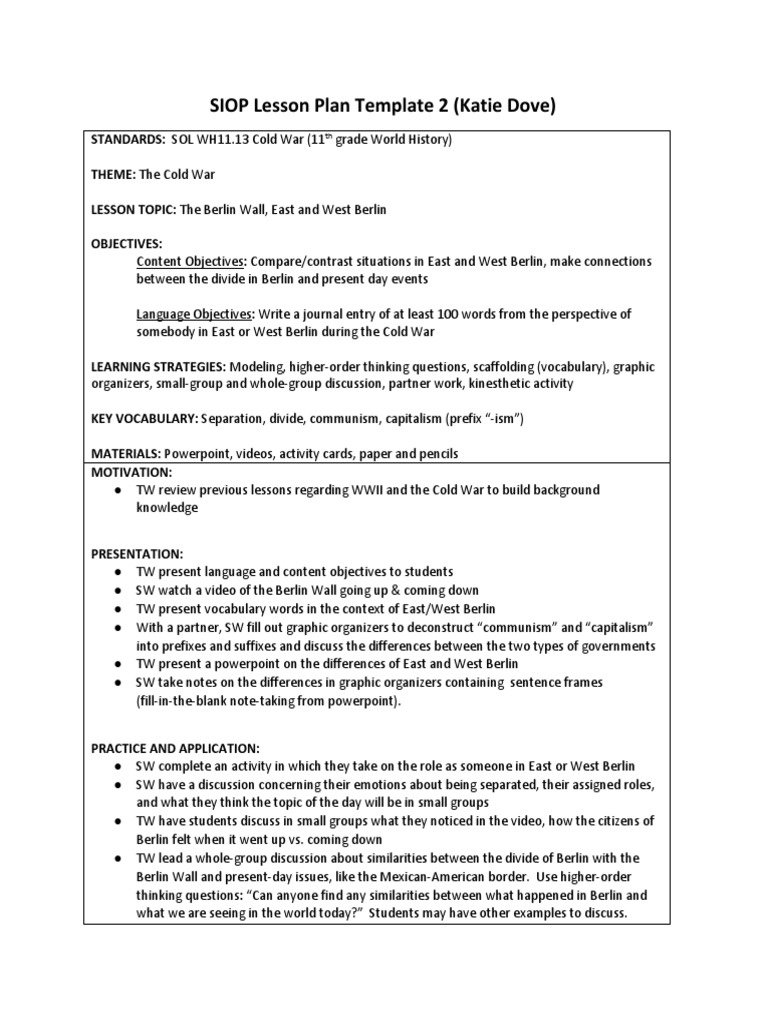 SIOP Lesson Plan Template 2 (Katie Dove) | PDF | Cognitive Science ...