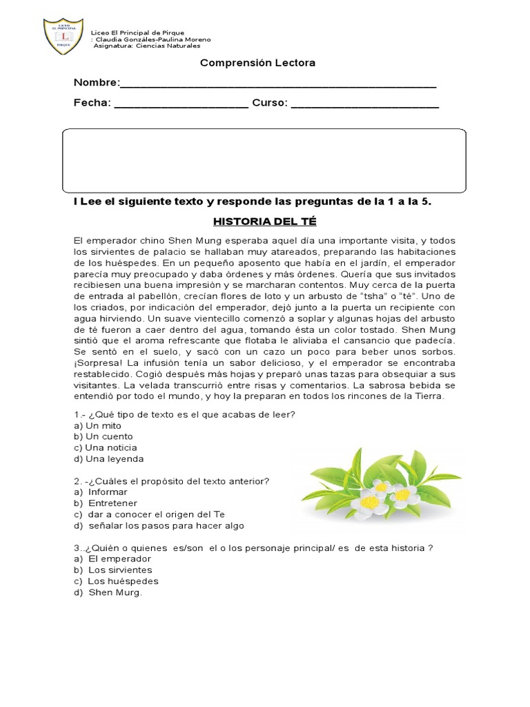 Prueba de Comprensión Lectora Marzo | PDF | Atenea | Té