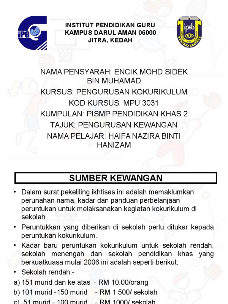 Pengurusan Kokurikulum Masa Dan Kewangan | PDF