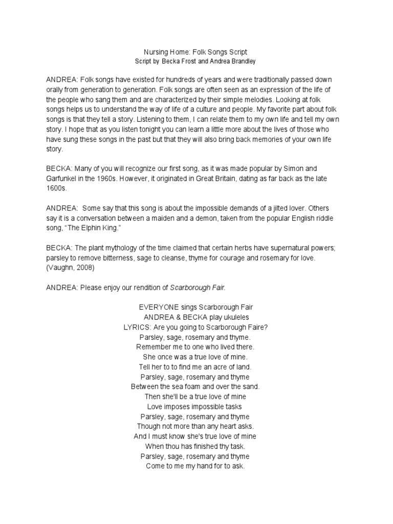 Nursing Home Script With Music | PDF | Scarborough Fair (Ballad) | Entertainment (General)