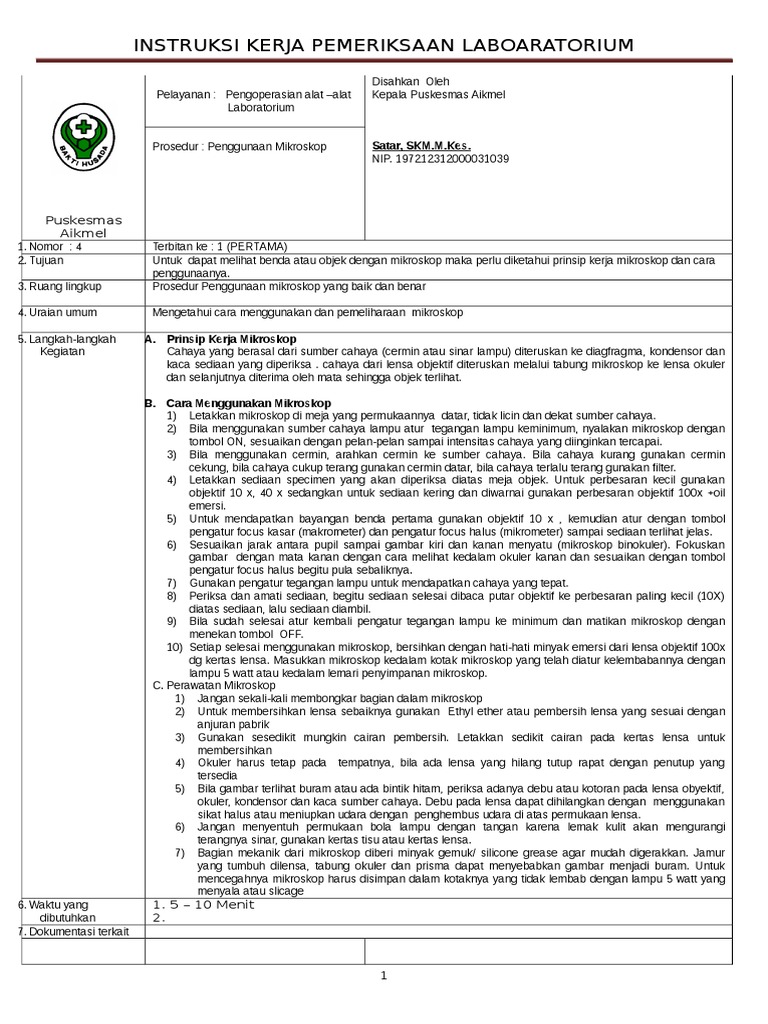 Sop Instruksi Kerja Pemeriksaan Labora. | PDF