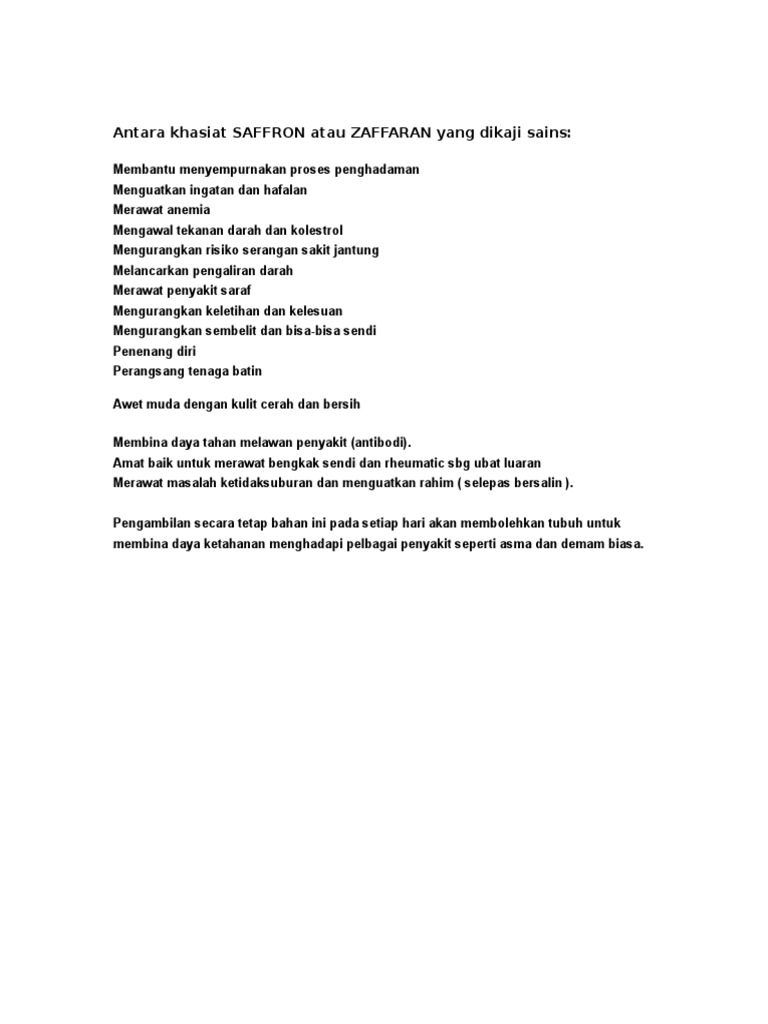 Antara Khasiat SAFFRON Atau ZAFFARAN Yang Dikaji Sains | PDF ...