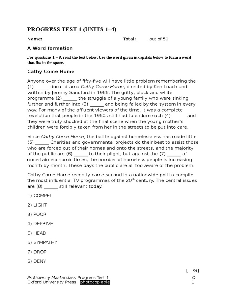 Progress Test 1 (Units 1-4) : A Word Formation | PDF | Language Arts ...