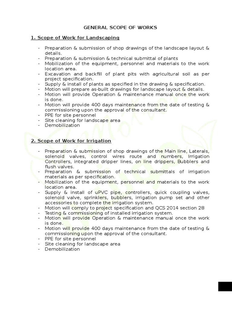 General Scope of Works 1. Scope of Work For Landscaping | PDF