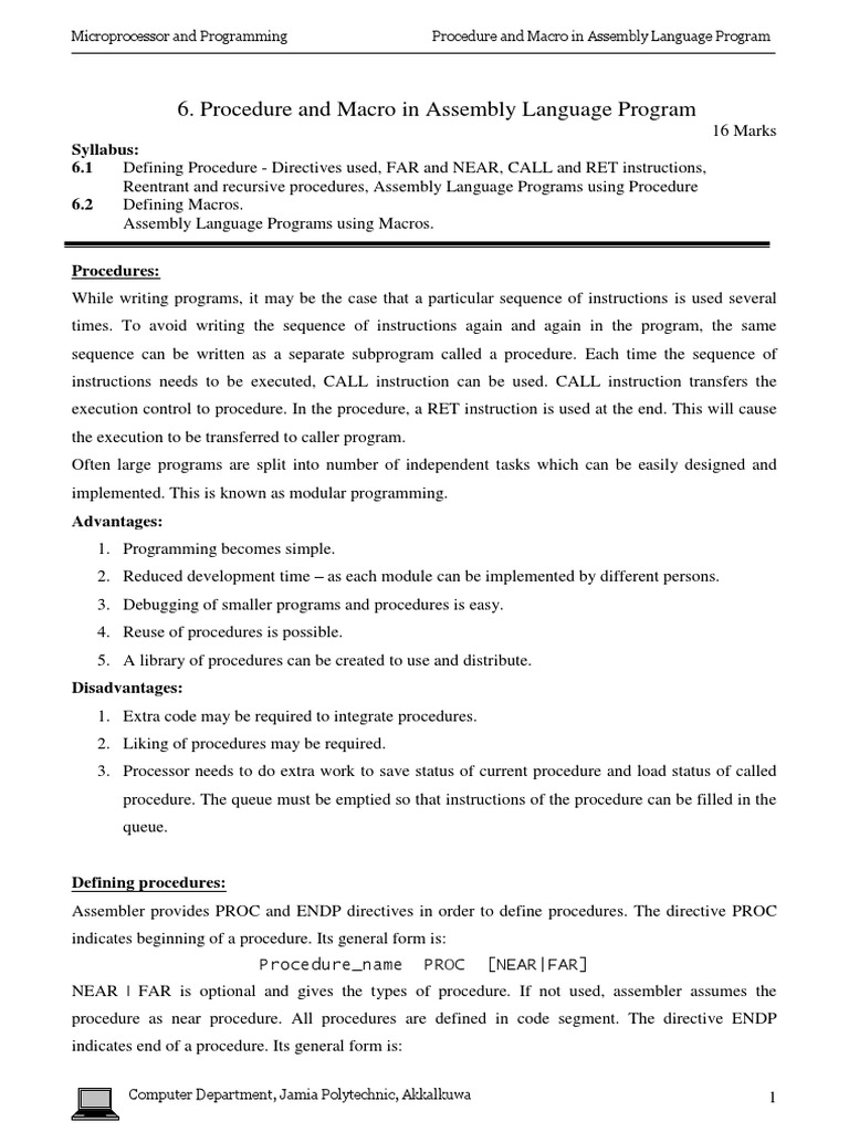 6 Procedure And Macro In Assembly Language Program Pdf Subroutine Assembly Language