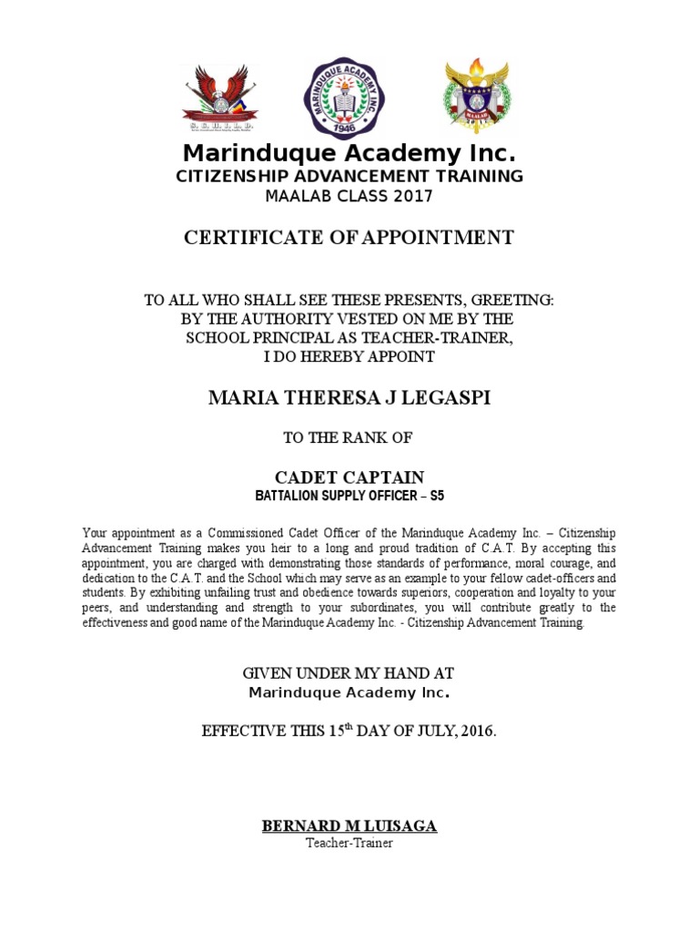 Marinduque Academy Cadet Captain Appointment | PDF | Business