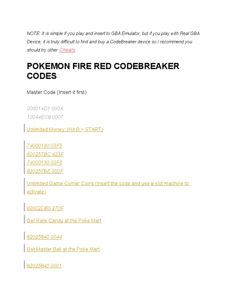 Pokemon Fire Red Codebreaker Codes: Cheats | PDF | Pokémon | Nintendo ...