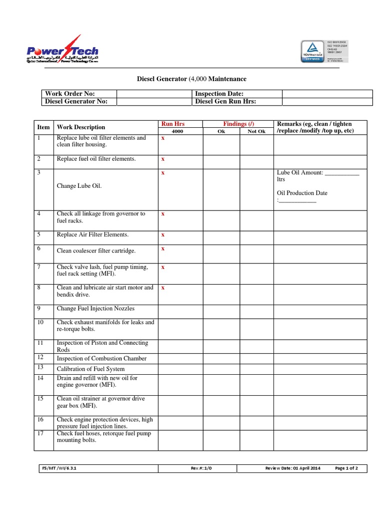 Diesel Generator (4,000 Maintenance Work Order No: Inspection Date ...