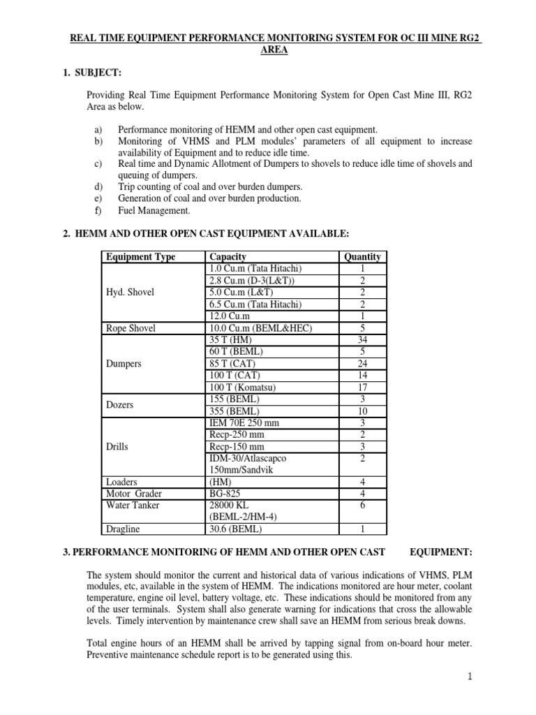 Real Time Equipment Performance Monitoring System For Oc Iii Mine Rg2 ...