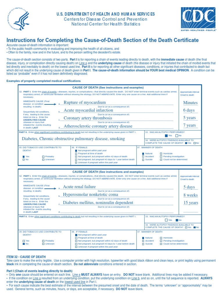 Instructions For Completing The Cause of Death Section On Death ...
