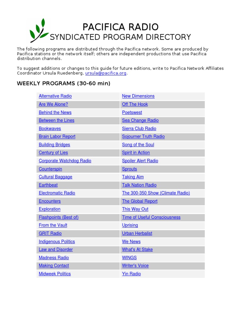 Pacifica Syndicated Program Directory | PDF | Mass Media | News