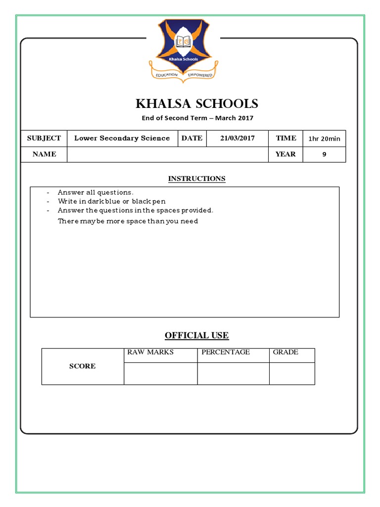 Year 9 Science Test PDF | PDF