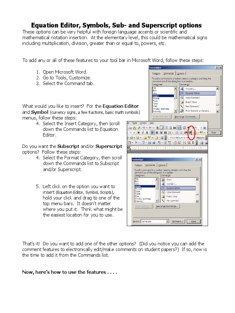 Equation Editor, Symbols, Sub-And Superscript Options: (Currency Signs ...