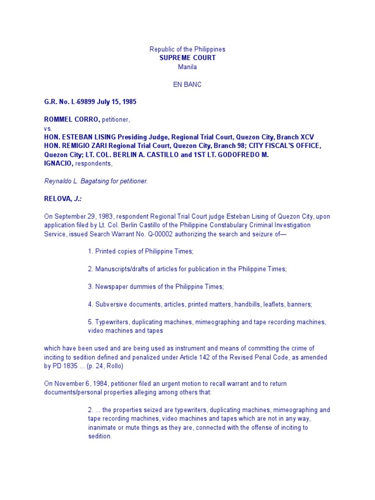 Corro vs. Lising 71585 | PDF | Search And Seizure | Certiorari