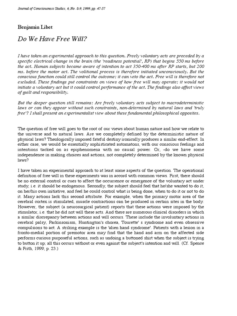 Do We Have Free Will?: Benjamin Libet