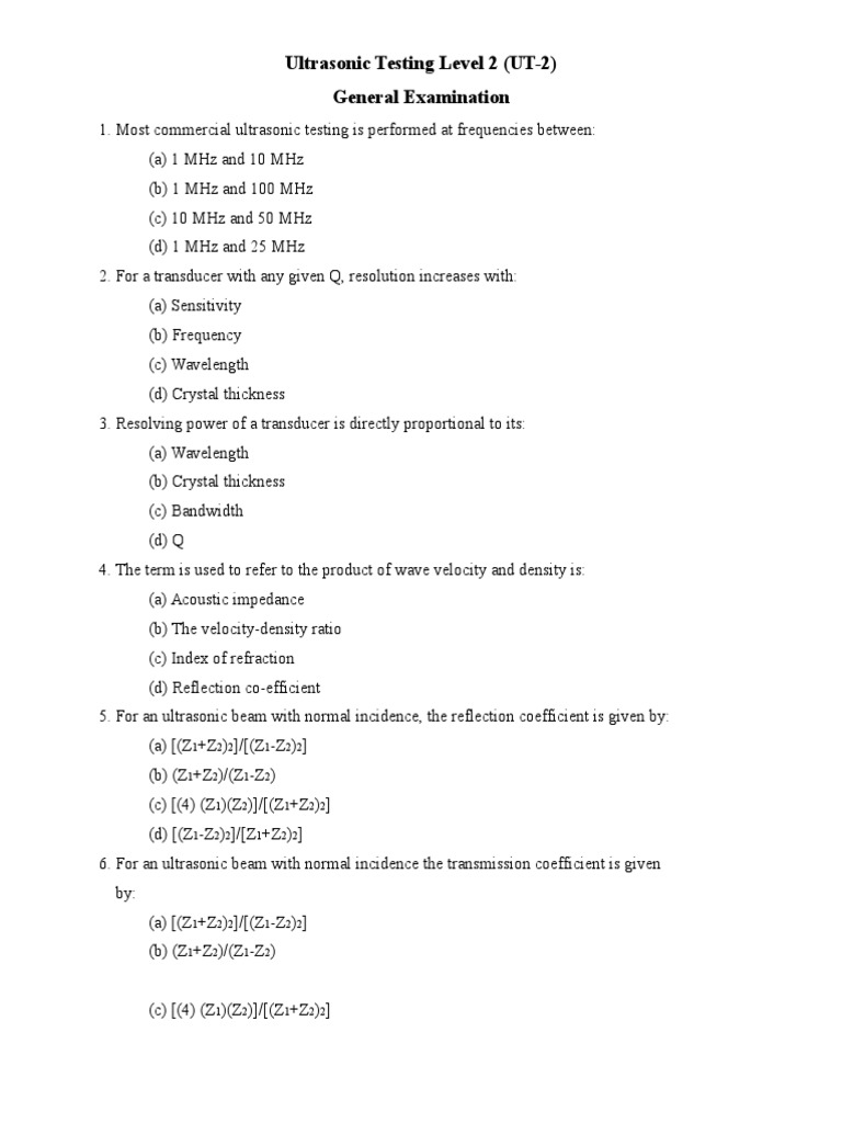 Ultrasonic Testing Level 2 (UT-2) General Examination | PDF | Medical ...