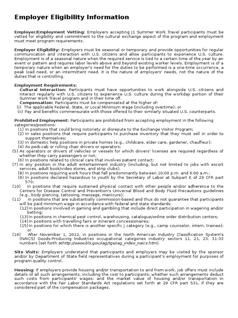 J1 Summer Work Travel Employer Guidelines | PDF | Employment | Labor