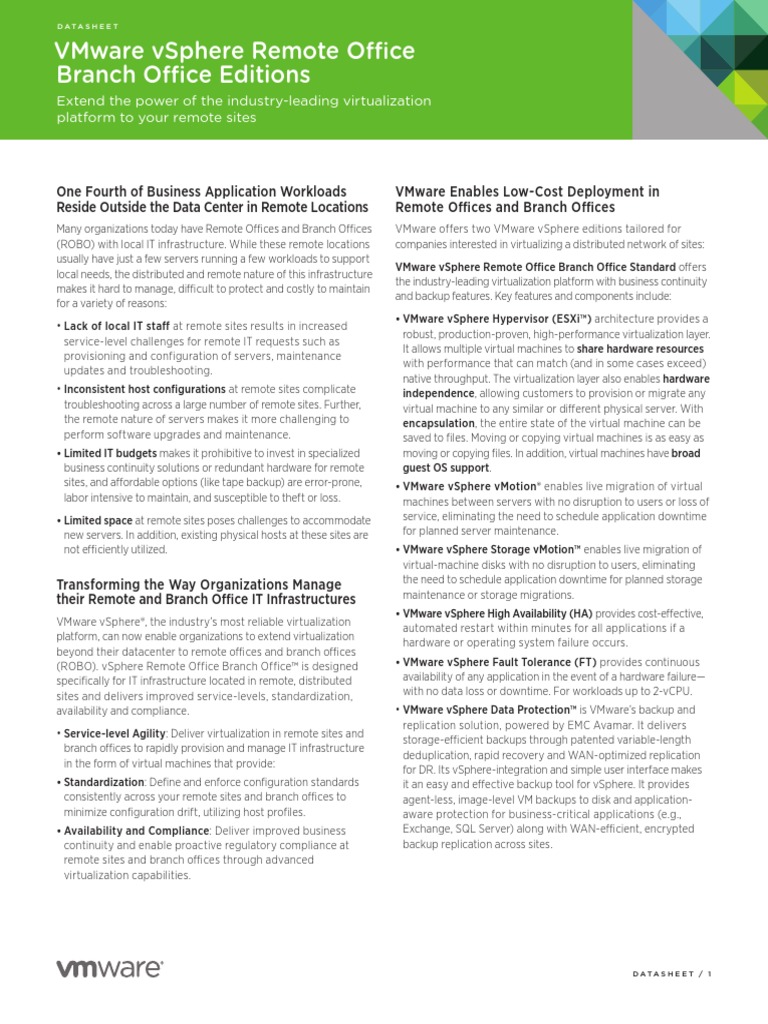 Vmware Vsphere Remote Office Branch Office Editions Datasheet | PDF | Virtual Machine | V Mware