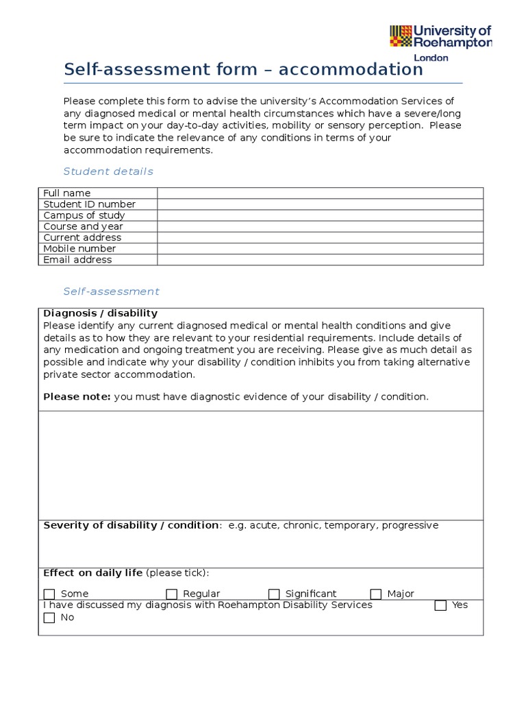 Self Assessment Form | PDF | Disability | Medical Diagnosis