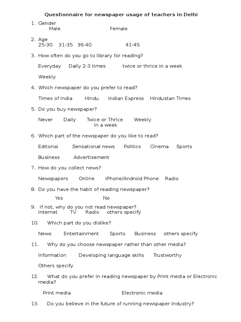 Questionnaire For Newspaper Reading Habit | PDF | Newspapers | News