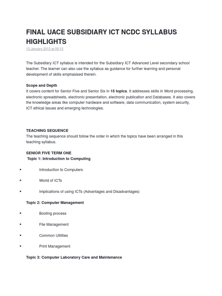 Final Uace Subsidiary Ict Ncdc Syllabus Highlights | Educational ...