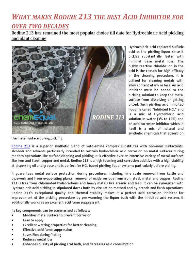 Rodine 213: Top Acid Inhibitor Guide | PDF | Hydrochloric Acid | Corrosion