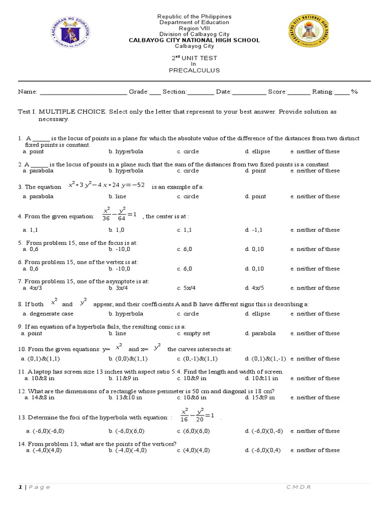 Precalculus Unit Test II Exam | PDF | Geometric Shapes | Mathematical ...