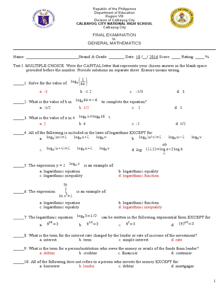 Gen Math FINALS KEY - Given To Mercy | PDF | Logarithm | Interest