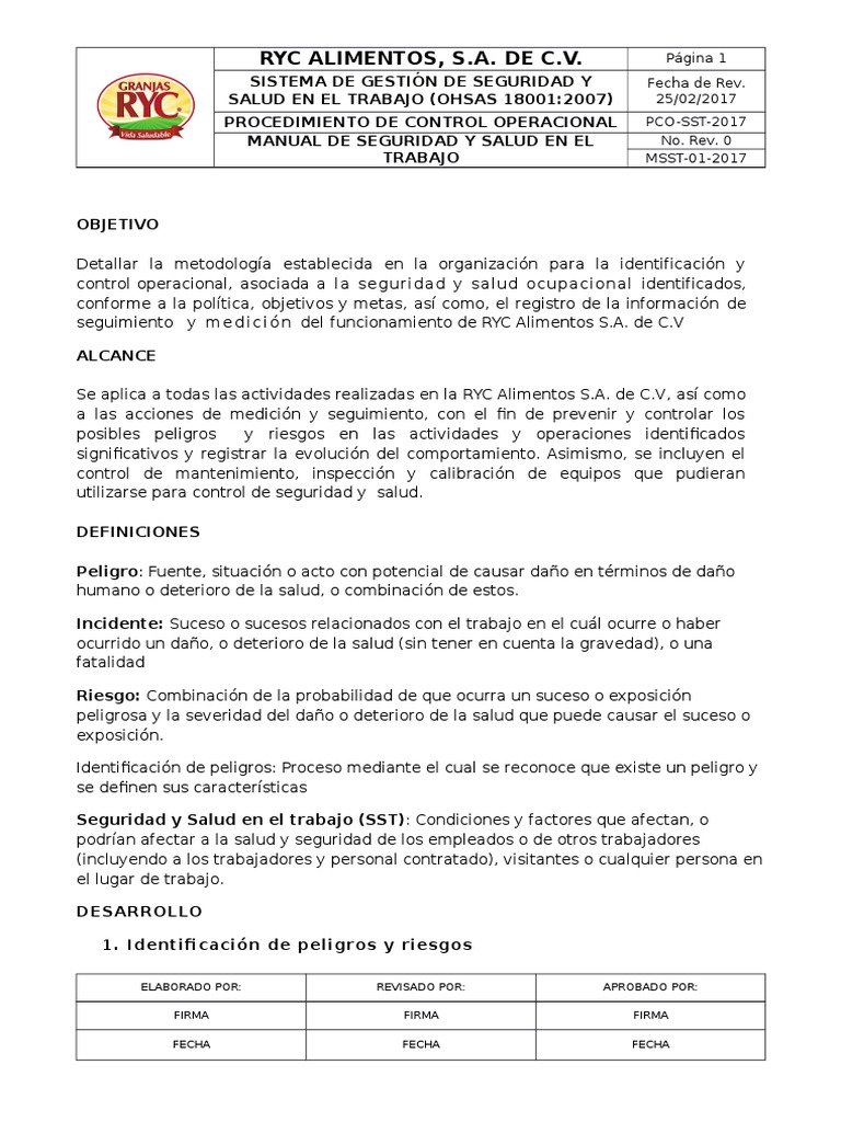 Procedimientos para la identificación y control de peligros y riesgos ...