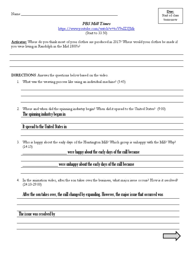 Pbs Mill Times Video Questions | PDF | Textile Industry | Industries