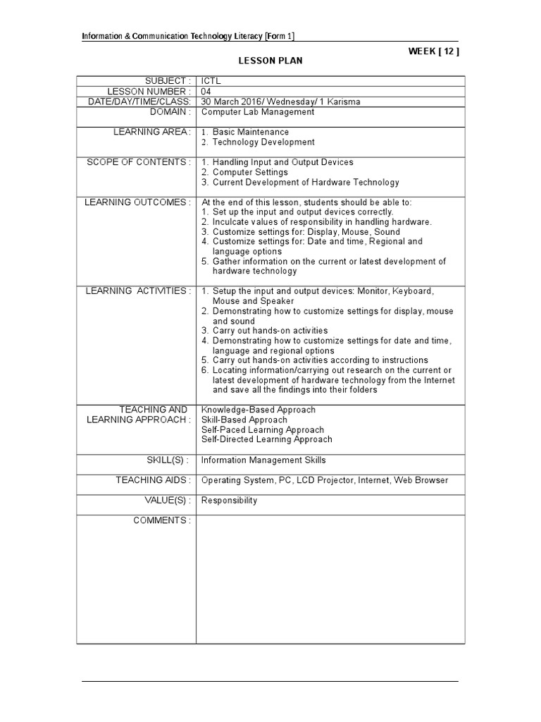 Information & Communication Technology Literacy (Form 1) WEEK (12 ...