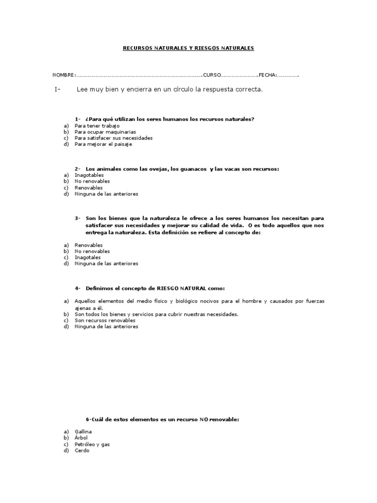 Prueba de Recursos y Riesgos Naturales 5to Basico | PDF | Naturaleza ...