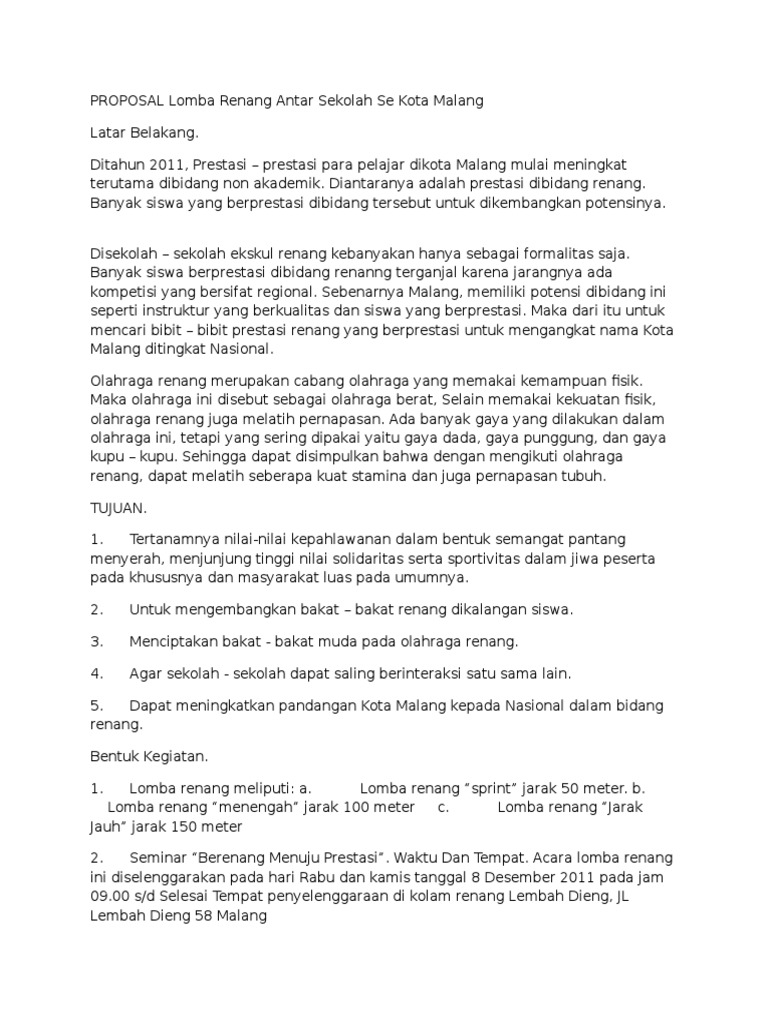 PROPOSAL Lomba Renang Antar Sekolah Se Kota Malang | PDF