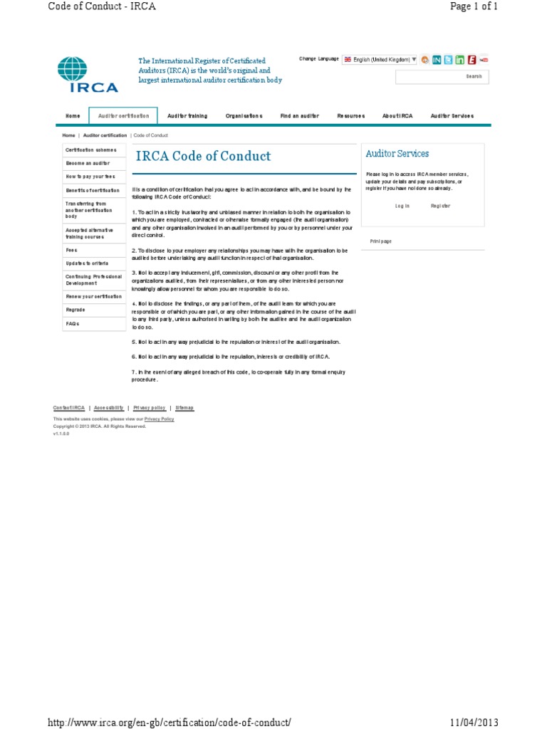 IRCA Code of Conduct | PDF | Audit | Privacy Policy