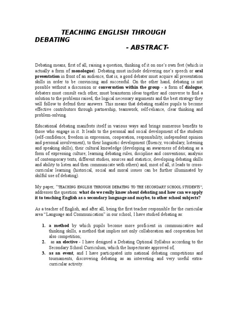Teaching English Through Debating To The Secondary School Students" | PDF | Curriculum | Lesson Plan