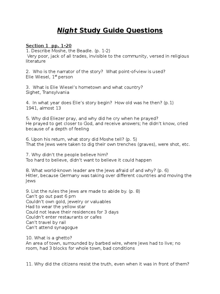 Night Study Guide Questions - Key | PDF | Auschwitz Concentration Camp ...
