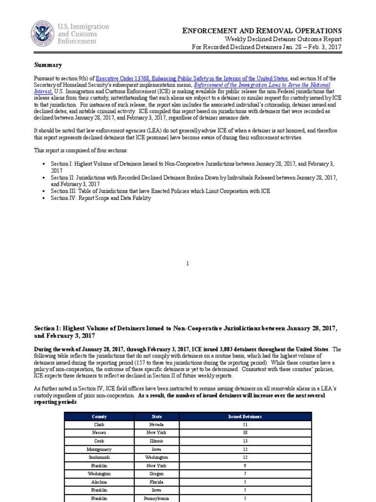 ICE's First Declined Detainer Outcome Report | PDF | U.S. Immigration ...