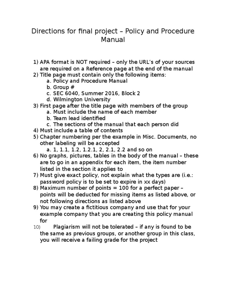 Directions For Final Project - Policy and Procedure Manual | PDF
