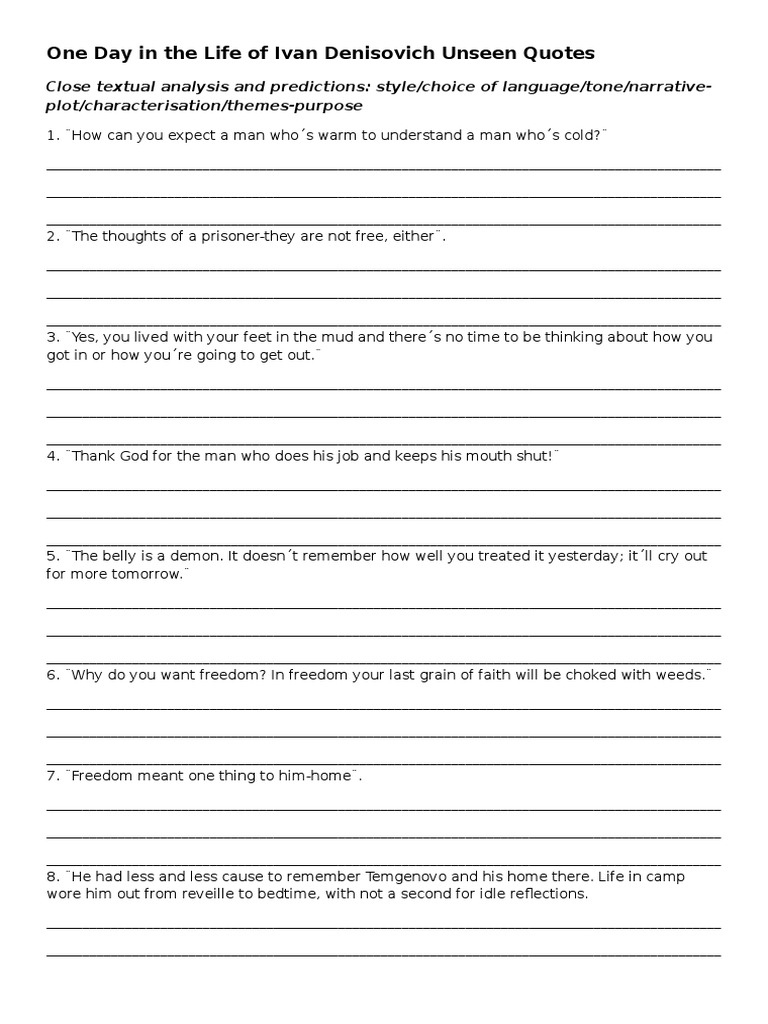 One Day in The Life of Ivan Denisovich Unseen Quotes | PDF