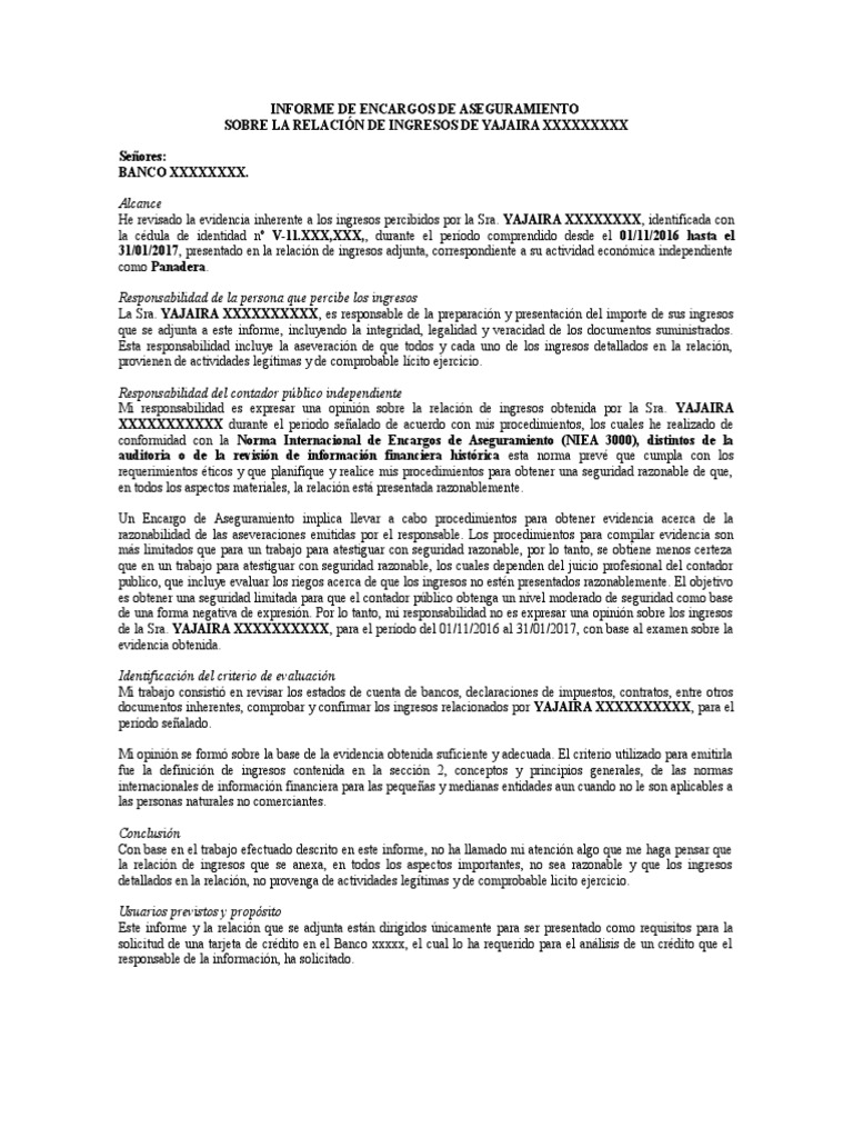 CERTIFICACION DE INGRESOS NIEA 3000 (2).odt | Contador | Contabilidad