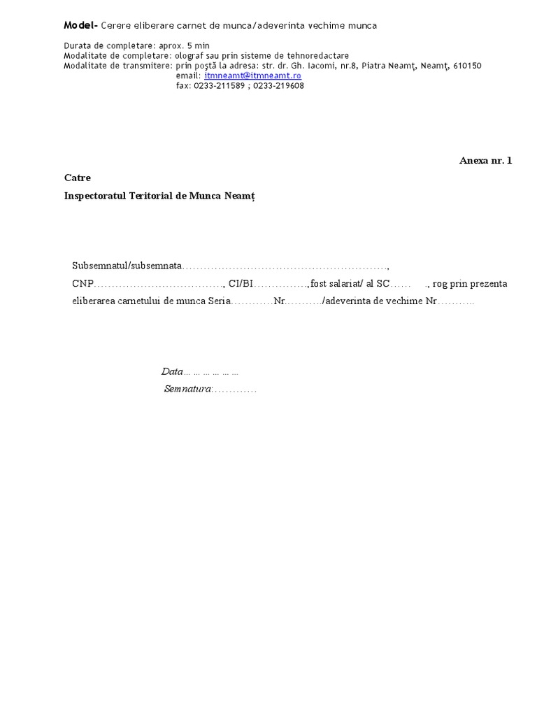 Cerere Eliberare Carnet Munca | PDF