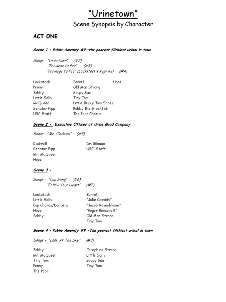 Urinetown Scene Breakdown by Character | PDF | Leisure | Entertainment (General)
