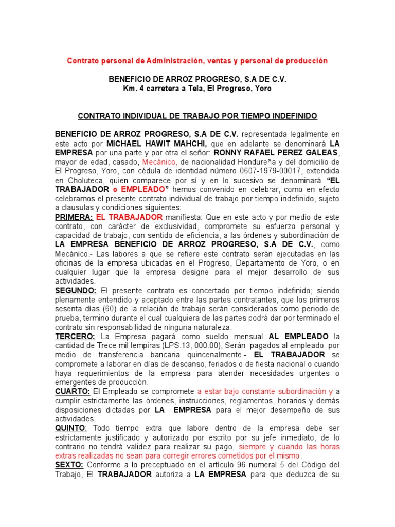 Contrato de Trabajo Del Personal de BAPROSA. - Correjido | PDF